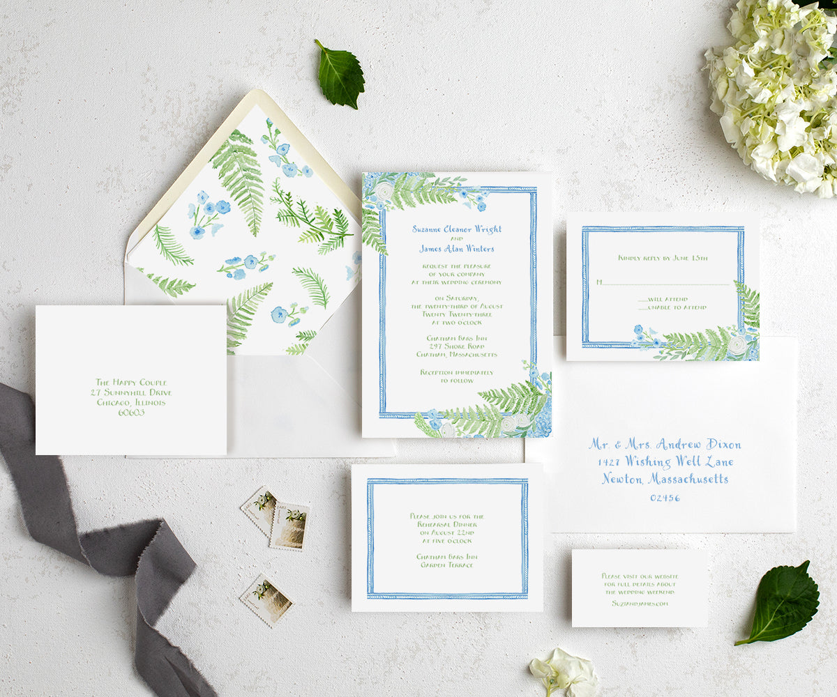 Blue Border with Ferns Wedding Invitation – El's Cards