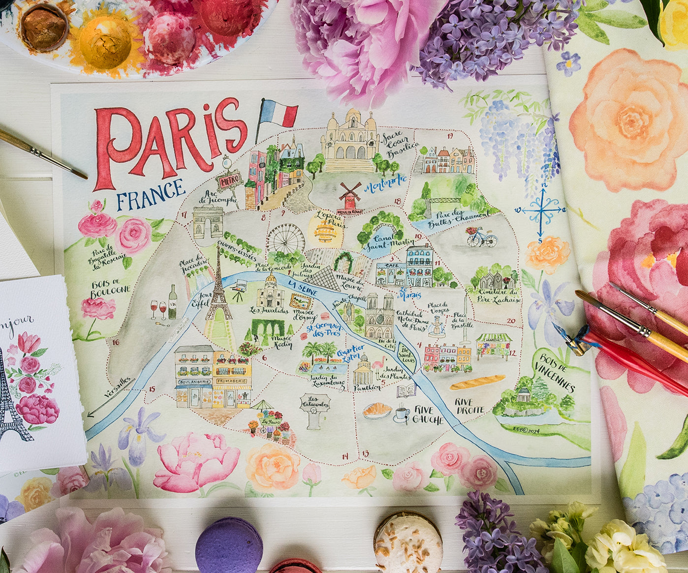 Watercolor hand painted map of Paris, France – El's Cards