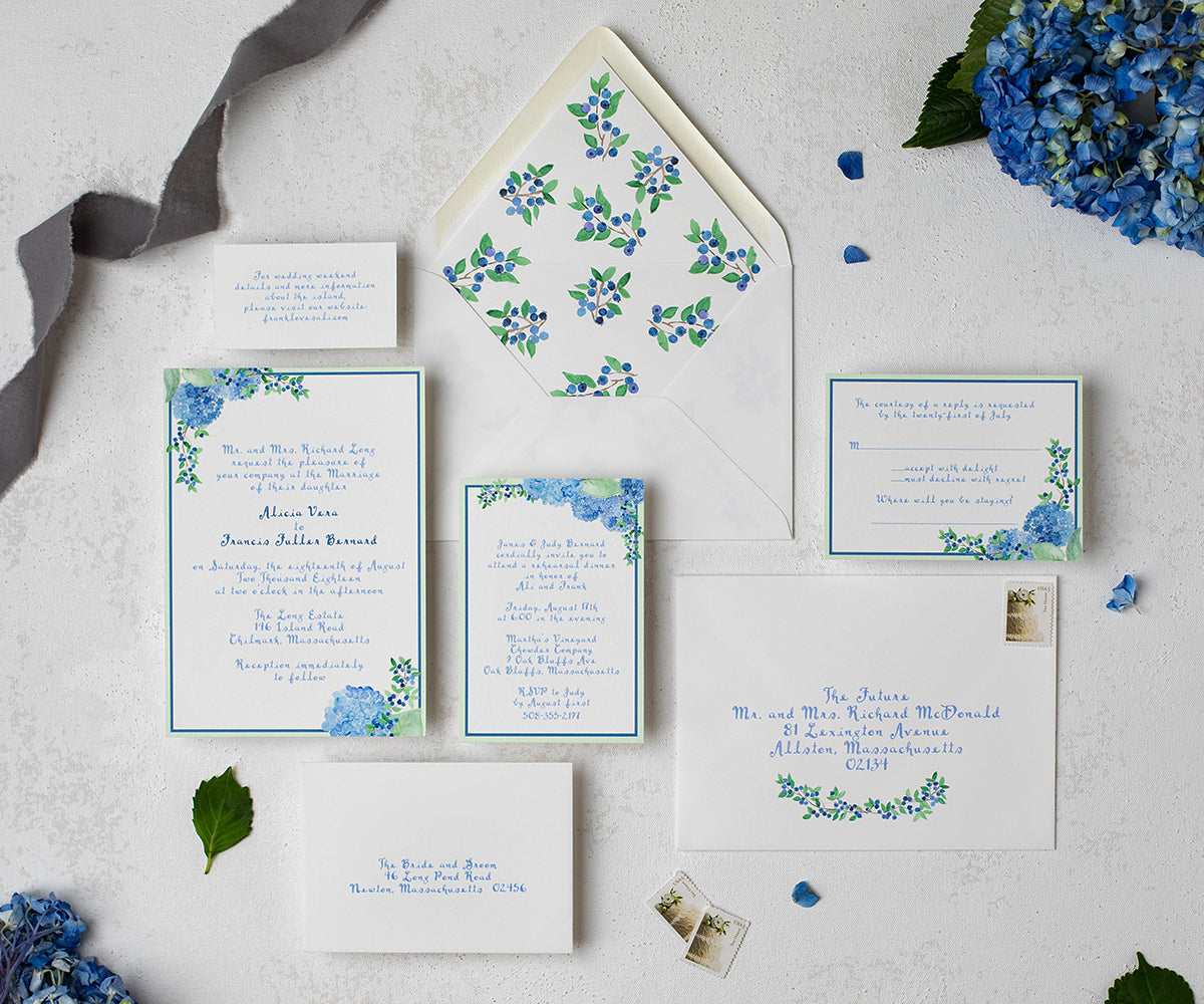Hydrangea and Blueberry Wedding Invitations – El's Cards