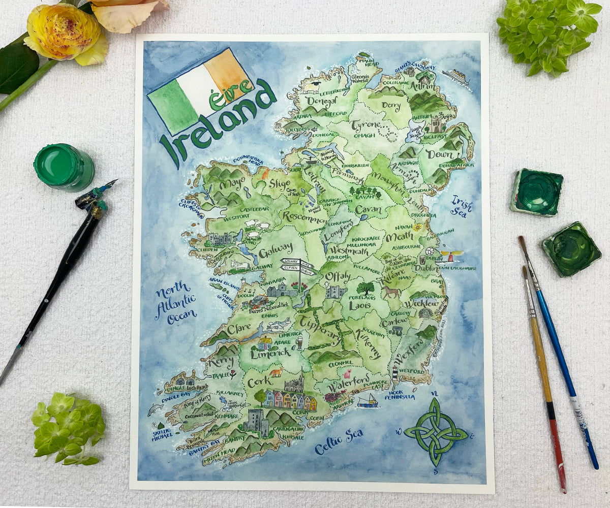 Watercolor hand painted Map of Ireland – El's Cards